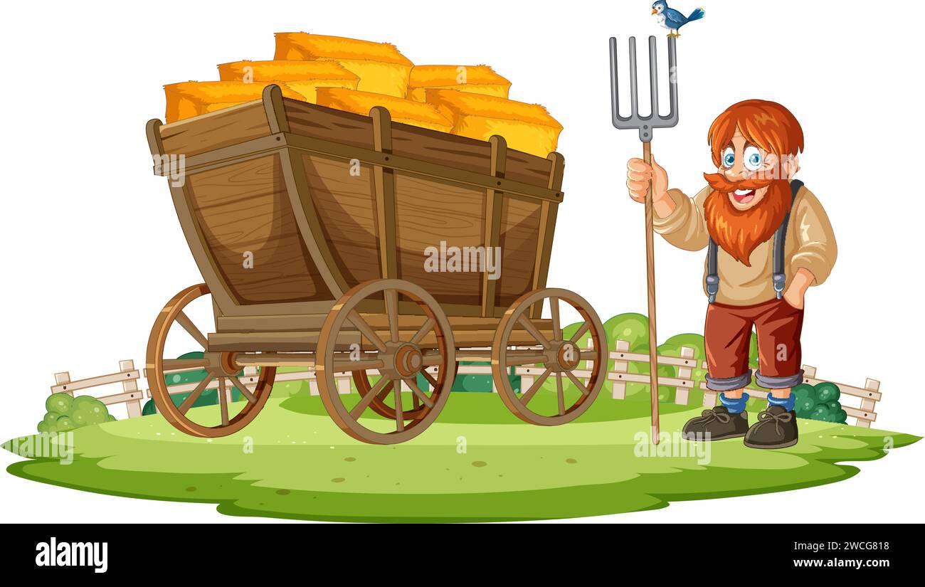 Cartoon farmer standing next to a hay-filled wagon Stock Vector Image ...