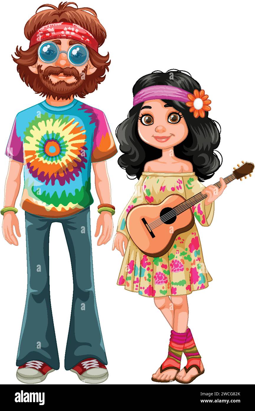 Cartoon hippies with colorful attire and guitar Stock Vector Image ...