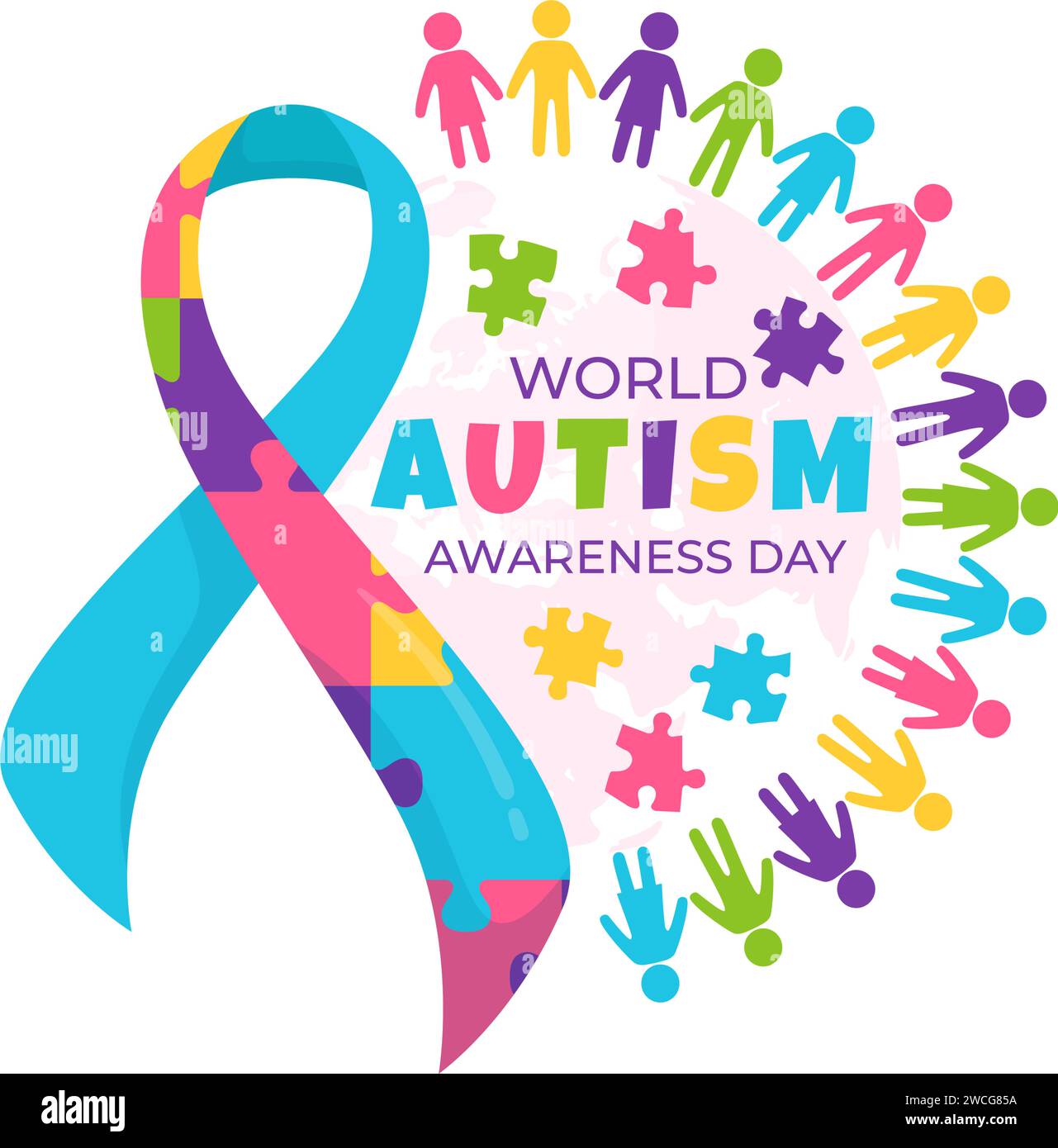 World Autism Awareness Day Vector Illustration with Ribbon of Puzzle ...