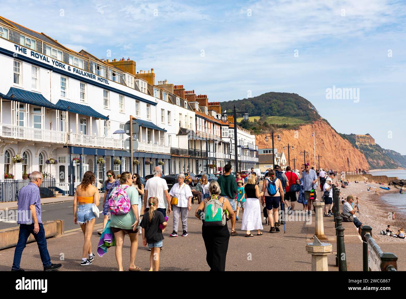 Sidmouth Devon, holiday makers on the esplanade on a very hot September ...