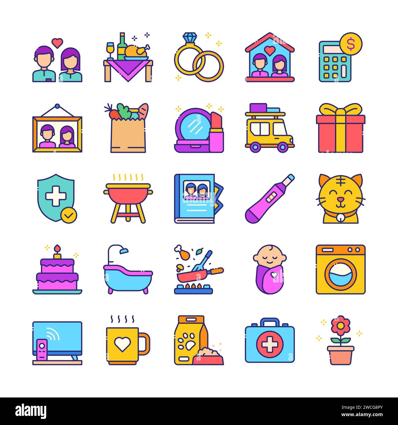 Family life and home daily activity icon set in flat style Stock Vector ...