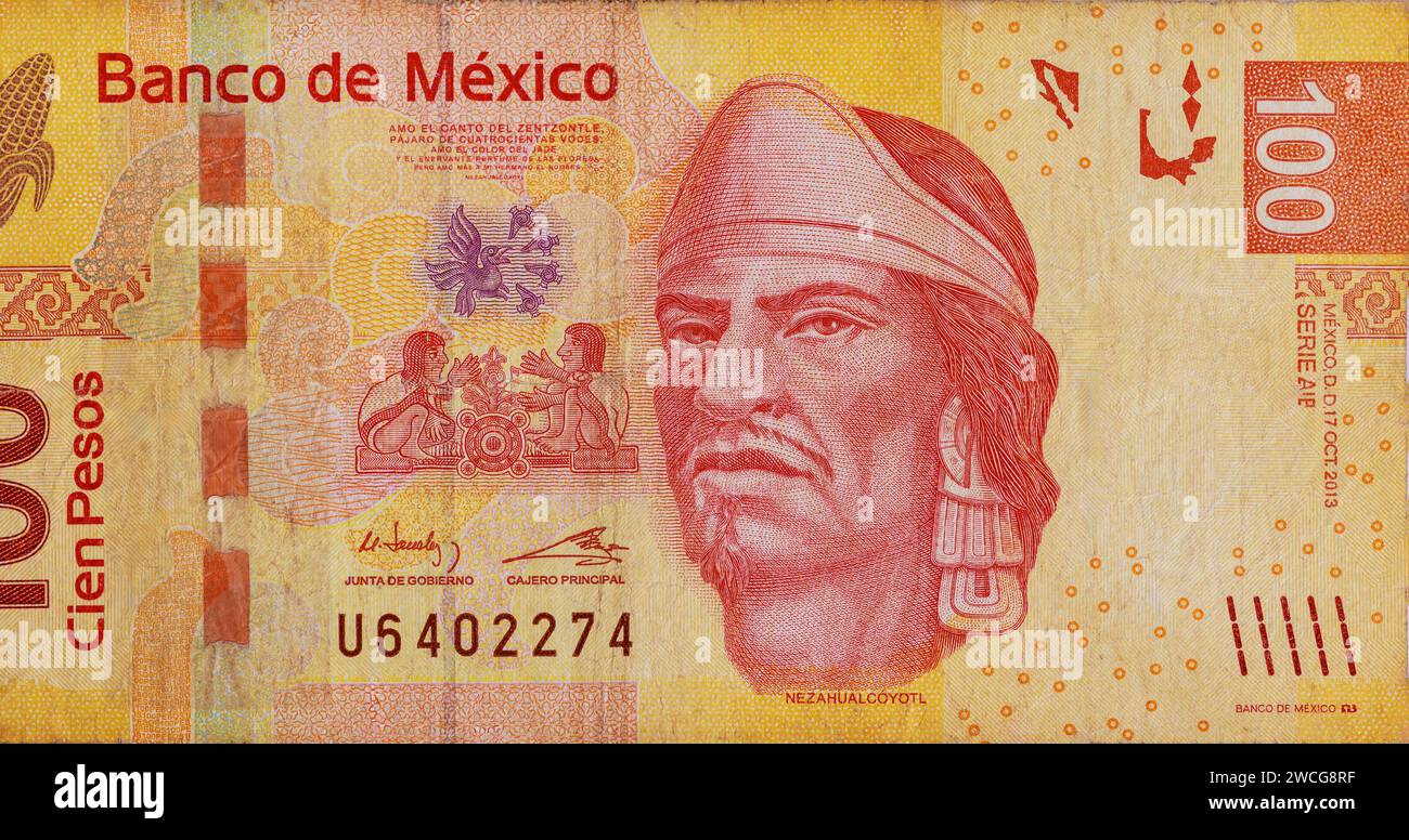 Mexican money bills currency Mexico 100 pesos banknote close up Stock ...