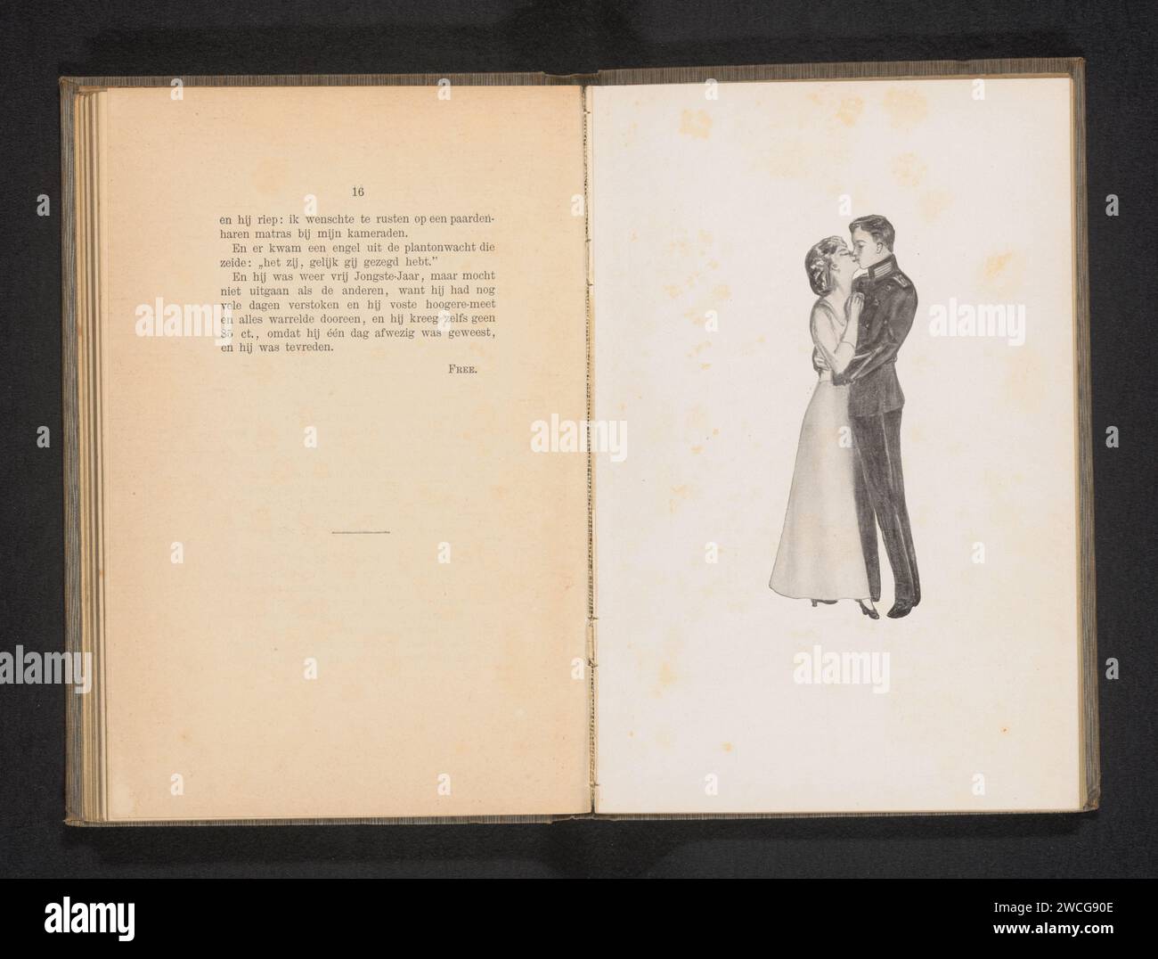 Reproduction of a drawing of a kissing love couple, anonymous, c. 1907 ...