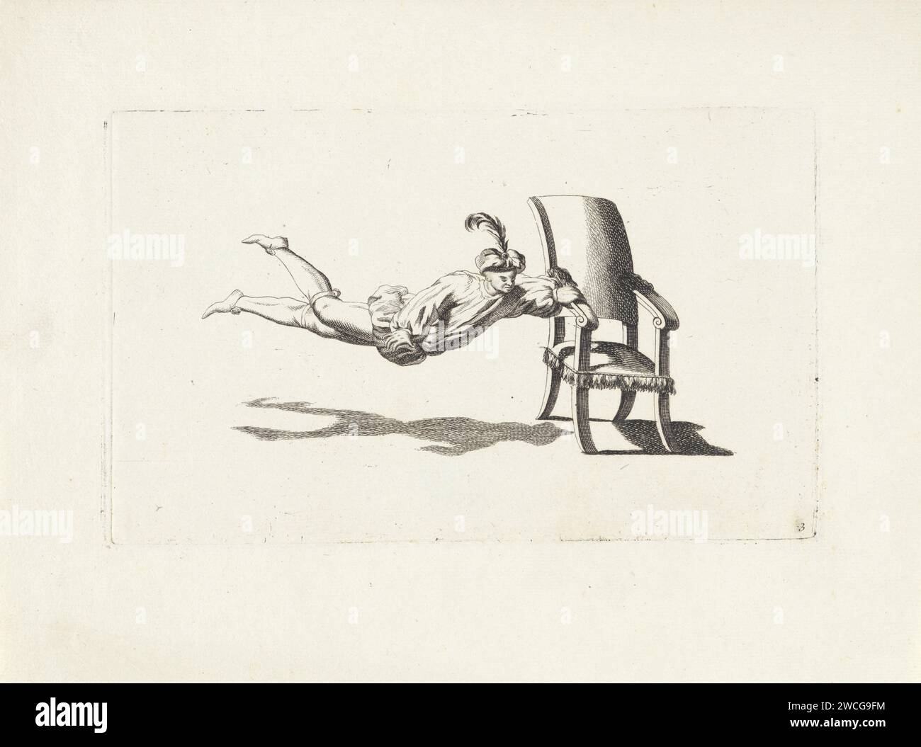Acrobat floating on the armrest of a chair, Anonymous, After Gerardus ...