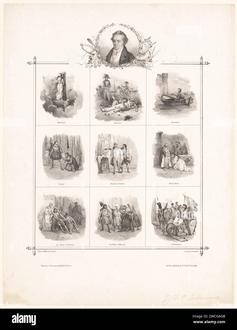 Portrait of Casimir Delavigne and nine performances from his works ...