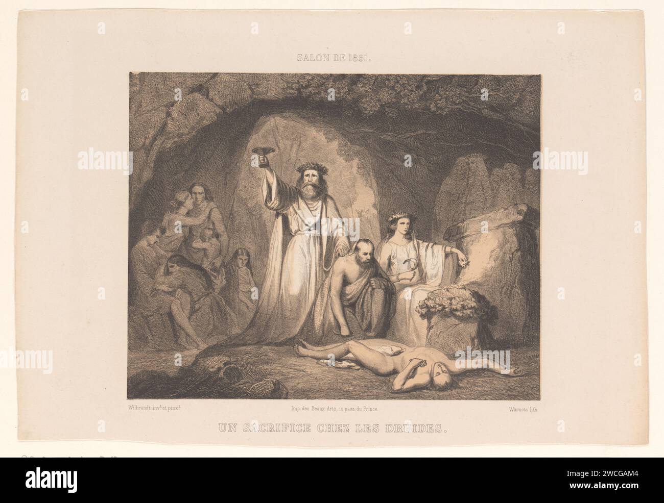 Druids sacrifice a Christian man, Warnots, After Wilbrandt, 1851 print ...