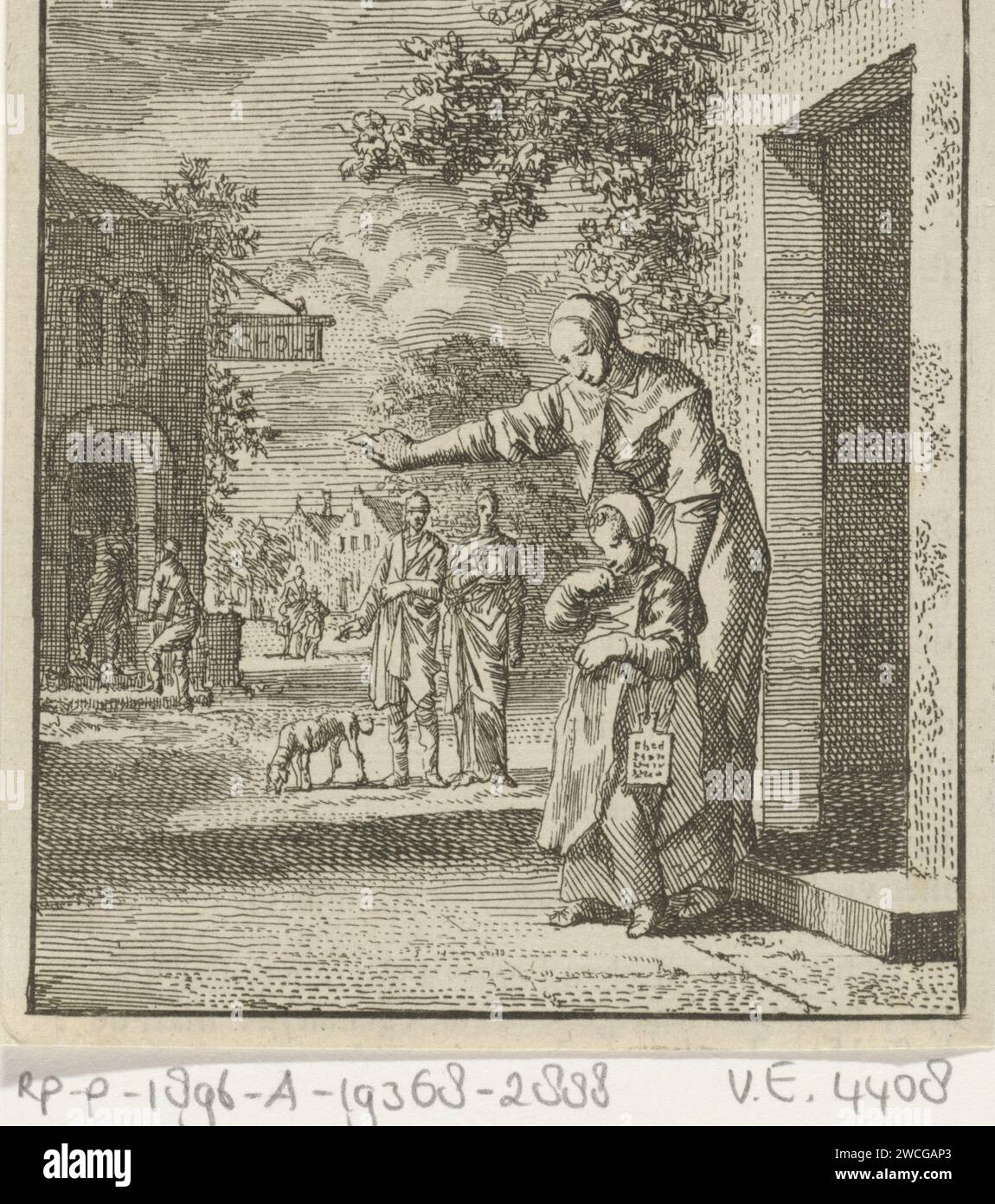 Mother points her child to a school building, Jan Luyken, 1712 print Amsterdam paper etching ...