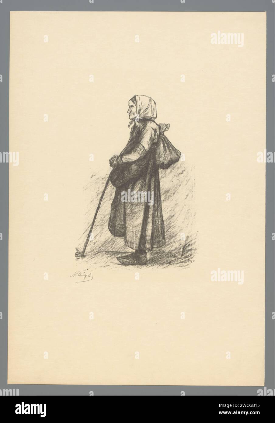 Woman with headscarf, stick and a bag on the back, Alphonse Stengelin ...