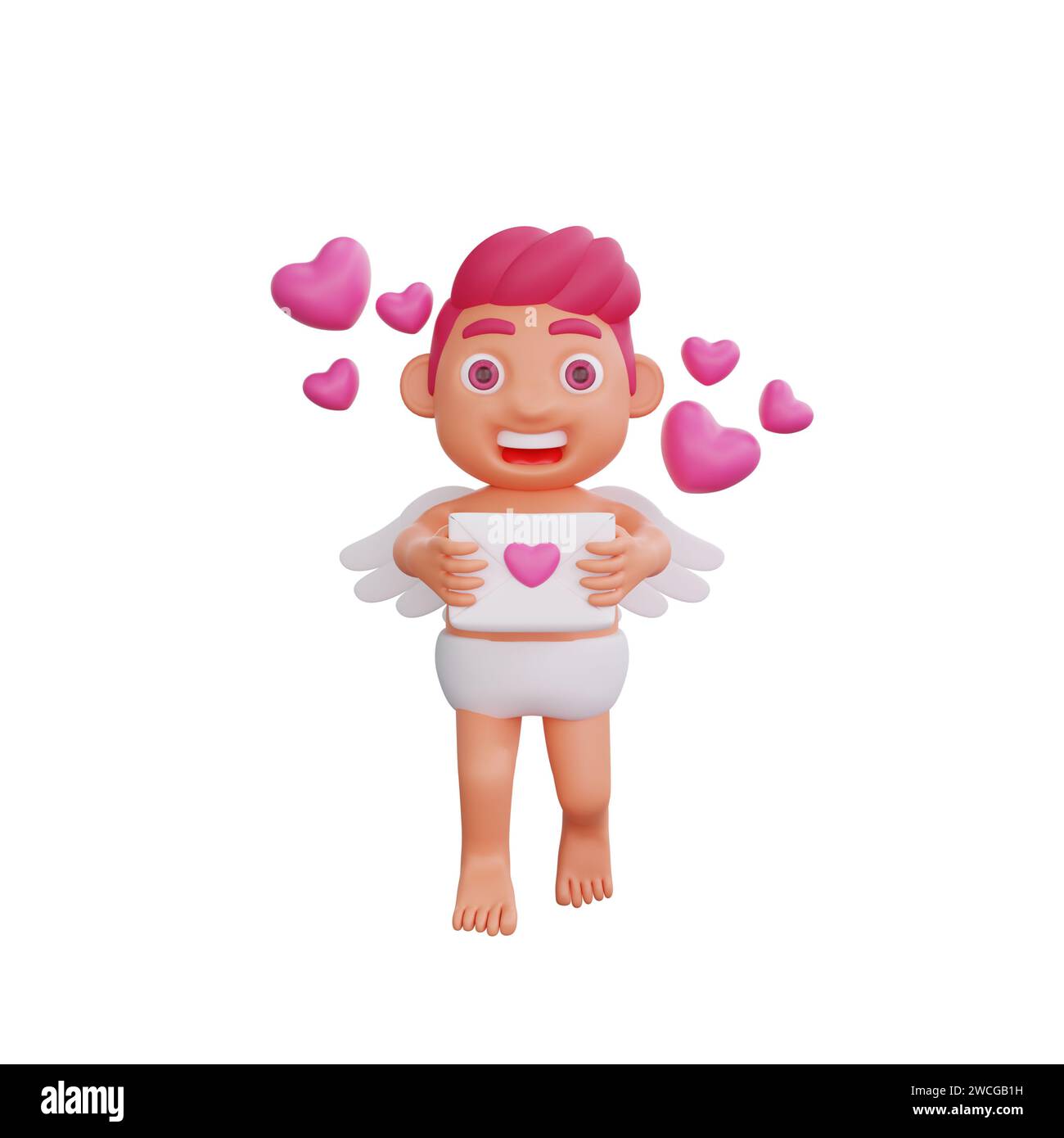 3D illustration of Valentine Cupid character joy while holding a love ...