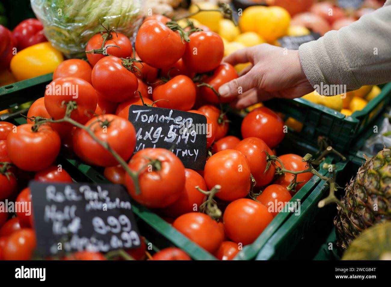 Hamburg, Germany. 15th Jan, 2024. A man reaches for a tomato in a small ...