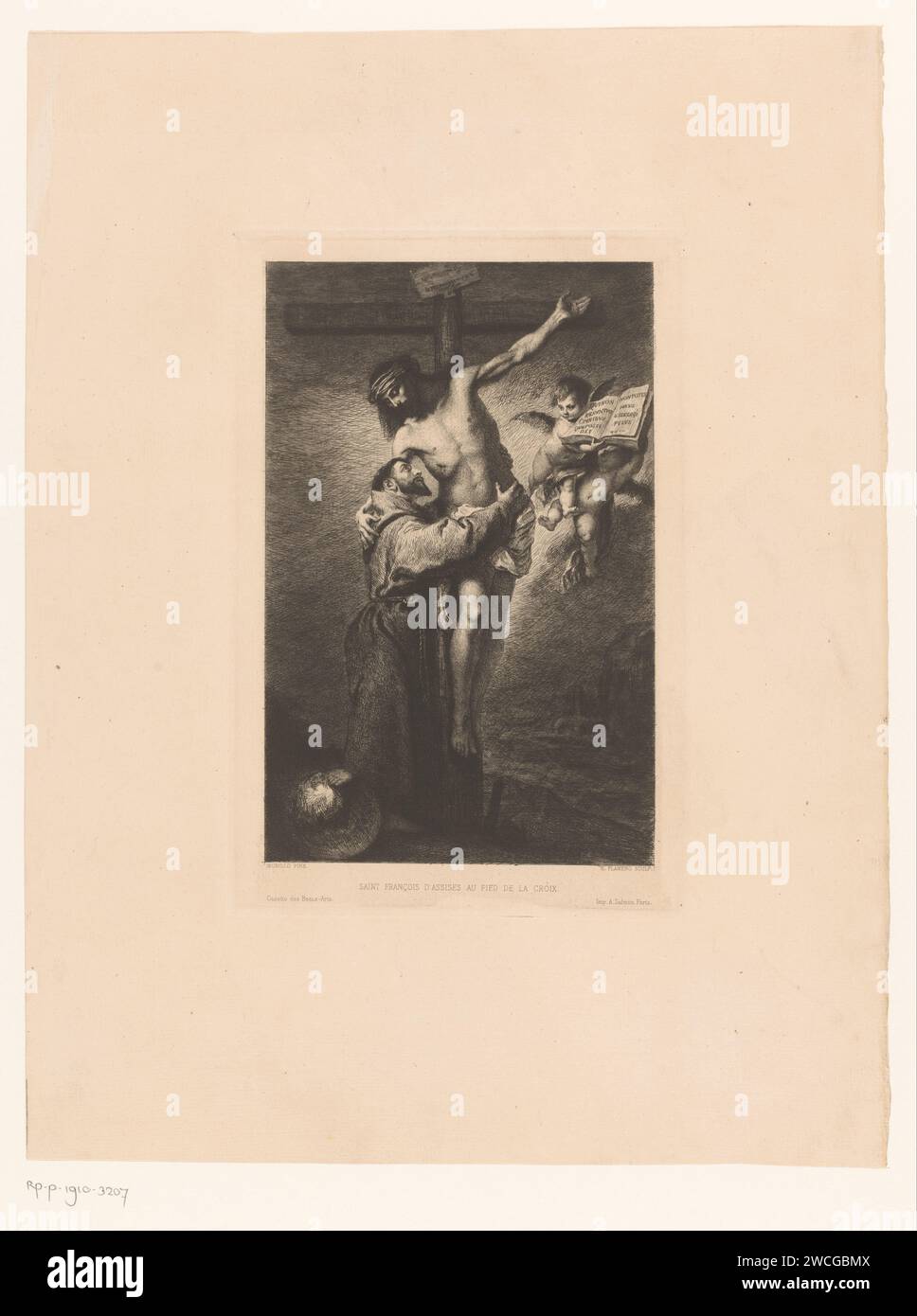 Francis of Assisi at the foot of the cross, helps Christ down, Léopold ...