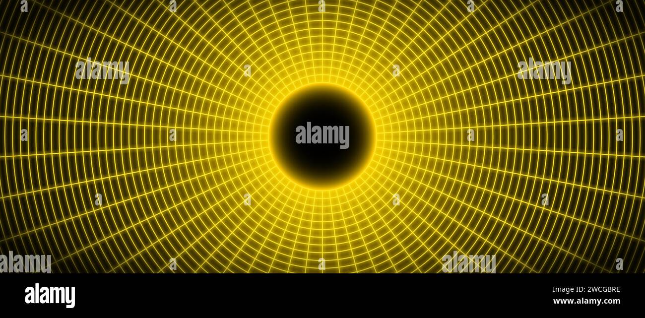 Yellow glowing wireframe tunnel. Neon gold wormhole in dark space. Grid ...
