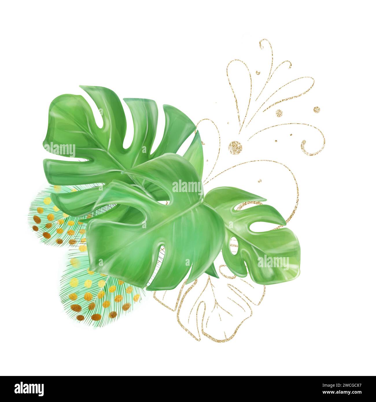 Bouquet of tropical monstera leaves and gold decor. Wedding invitation ...