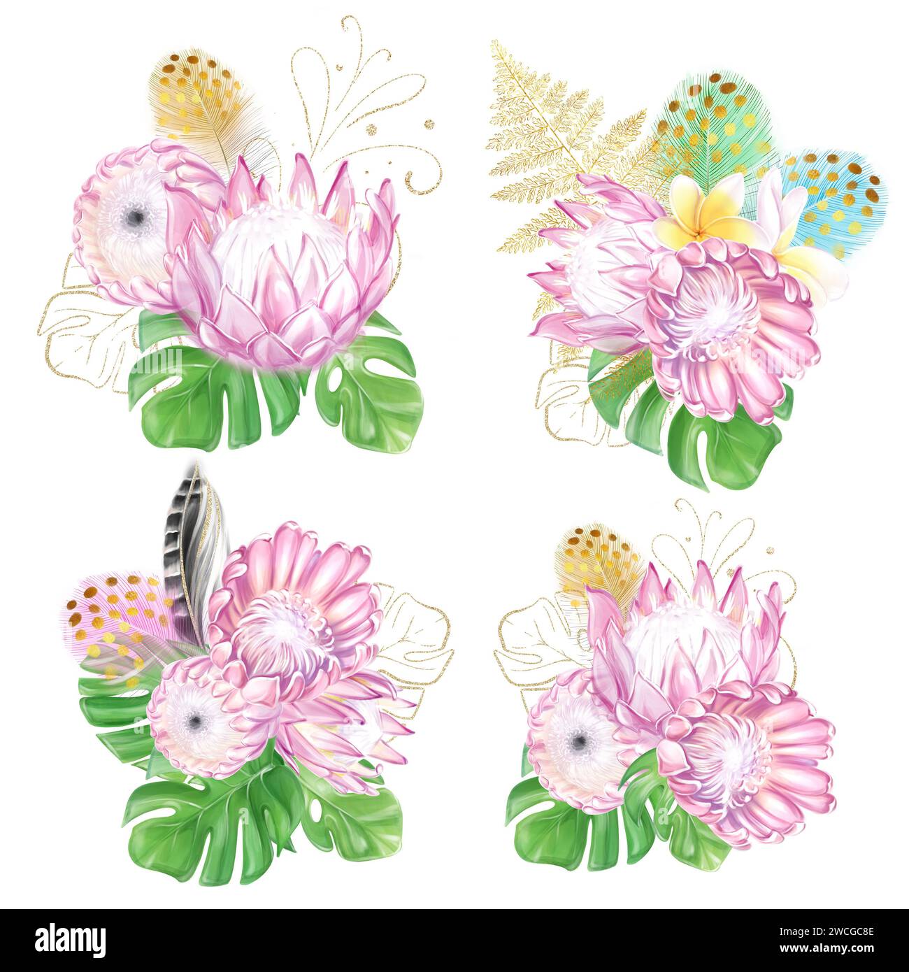 Set of watercolor tropical bouquets of pink protea, monstera and ...