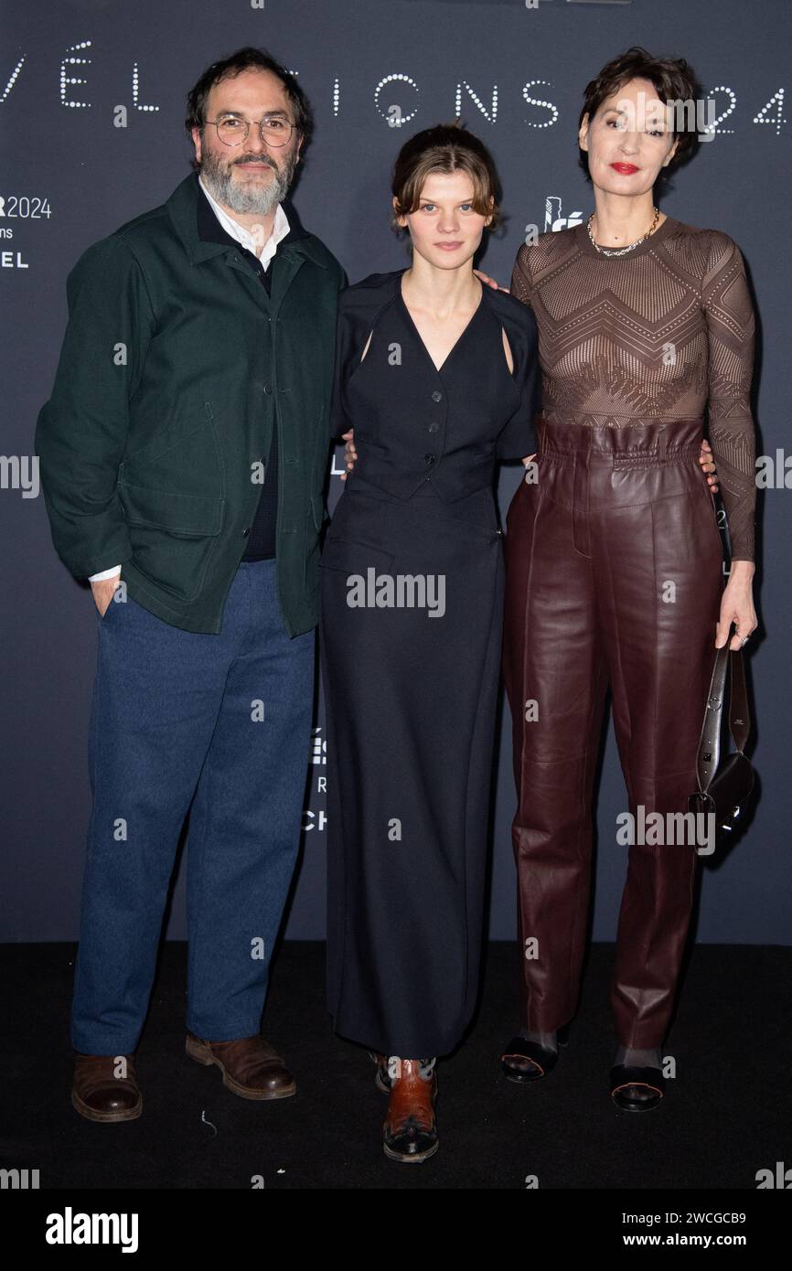 Paris, France. 15th Jan, 2024. Erwan Le Duc, Celeste Brunnquell and Jeanne Balibar attending the ...