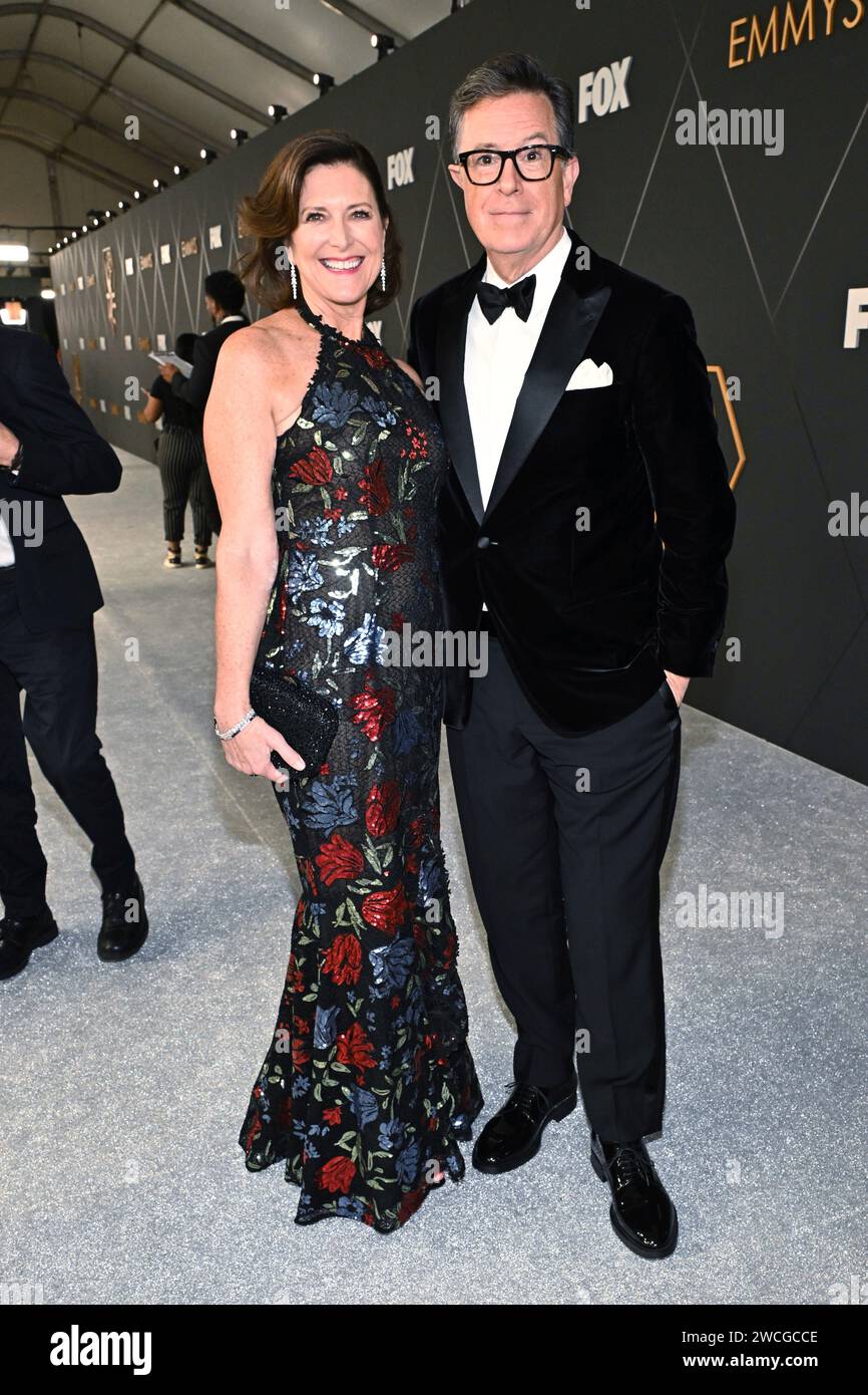 Evelyn McGee-Colbert, left, and Stephen Colbert walks the red carpet at the 75th Emmy Awards on ...