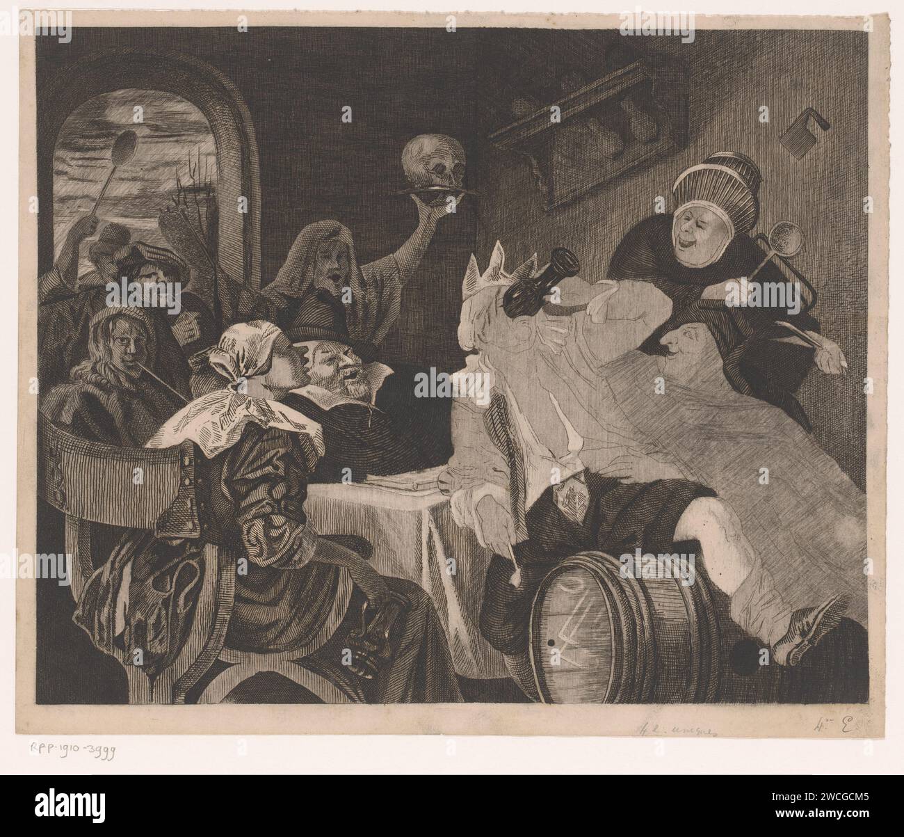 Party company with a drinking man with crown, Louis Jaugey, after Jan ...