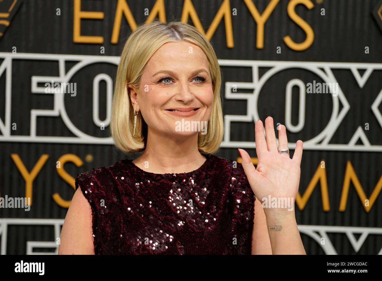 Amy Poehler poses for a Red Carpet portrait at the 75th Emmy Awards on ...