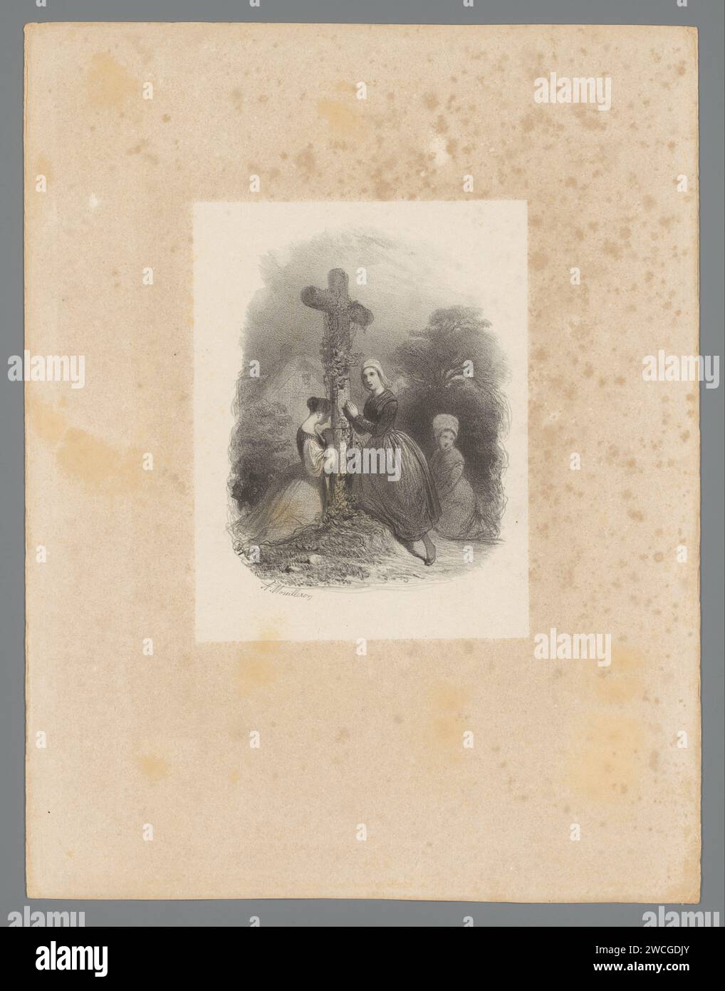 Three women pray outside at a cross, Adolphe Mouilleron, 1830 - 1881 ...