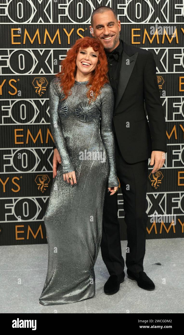 Natasha Lyonne and Bryn Mooser pose for a Red Carpet portrait at the 75th Emmy Awards on Monday ...
