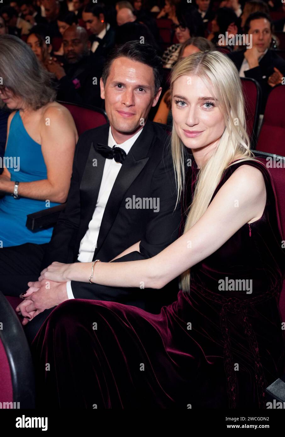 Kristian Rasmussen, from left, and Elizabeth Debicki at the 75th Emmy ...