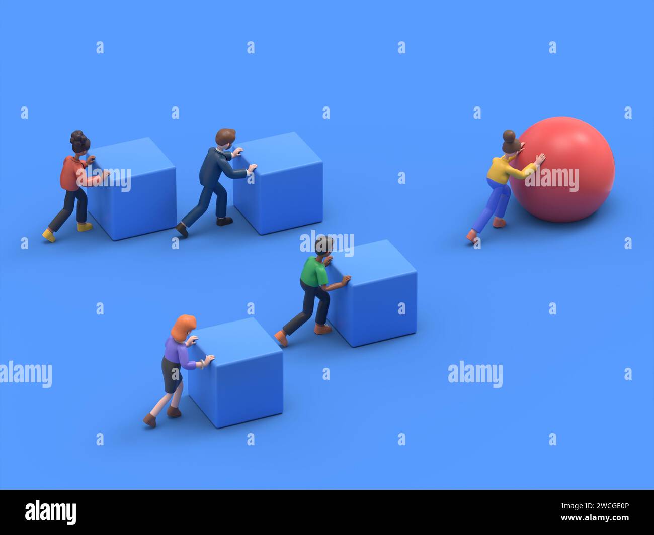 Isometric Business people pushing cubes. Winner easily moving the cube ...