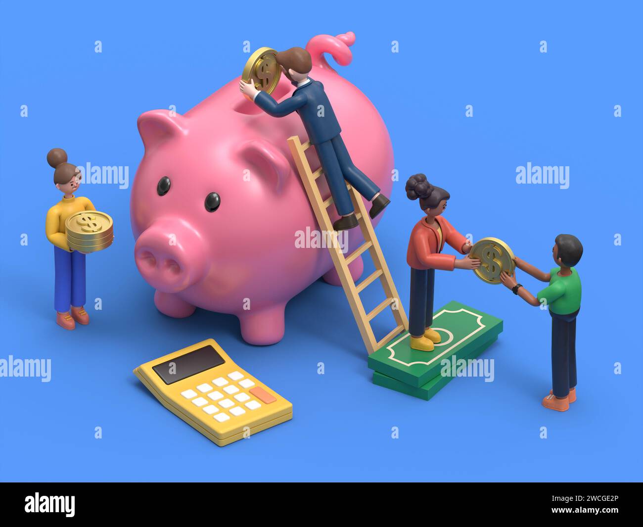 People Characters Collecting Gold Coins in Piggy Bank. Women and Man ...