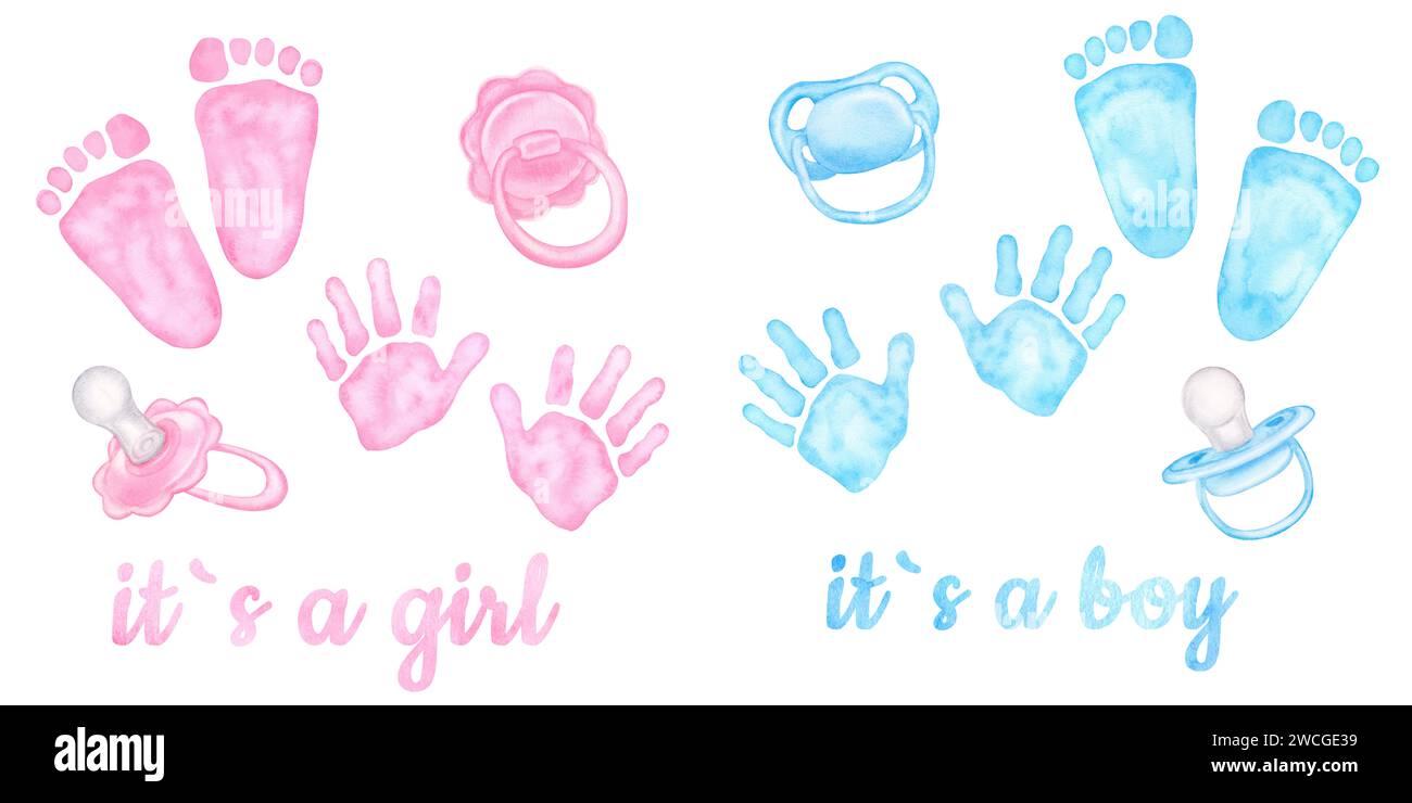 Little blue pink palm, handprint, footprint. Pacifier, dummy for ...