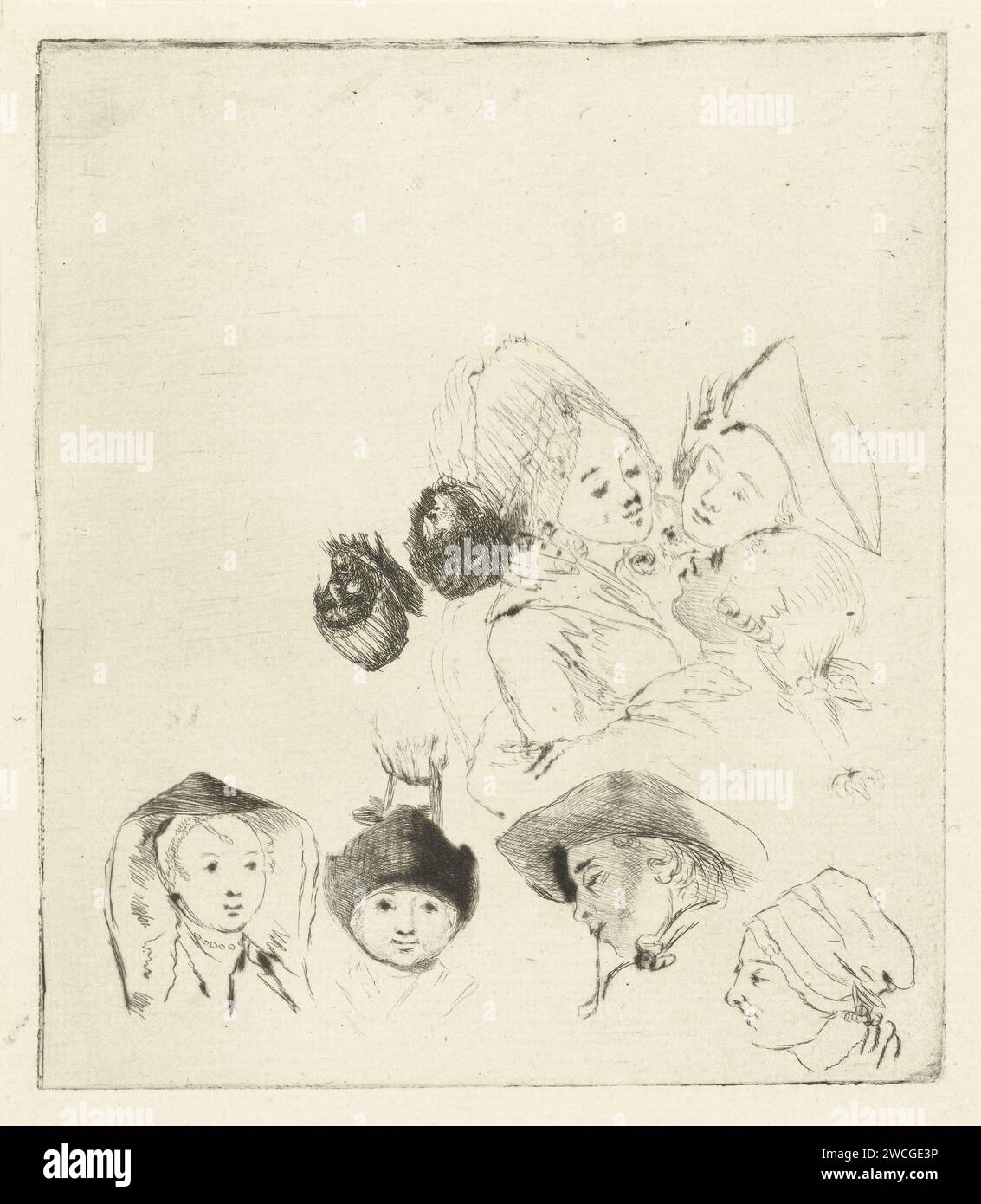 Study sheet with nine heads, Louis Bernard Coclers, 1756 - 1817 print ...