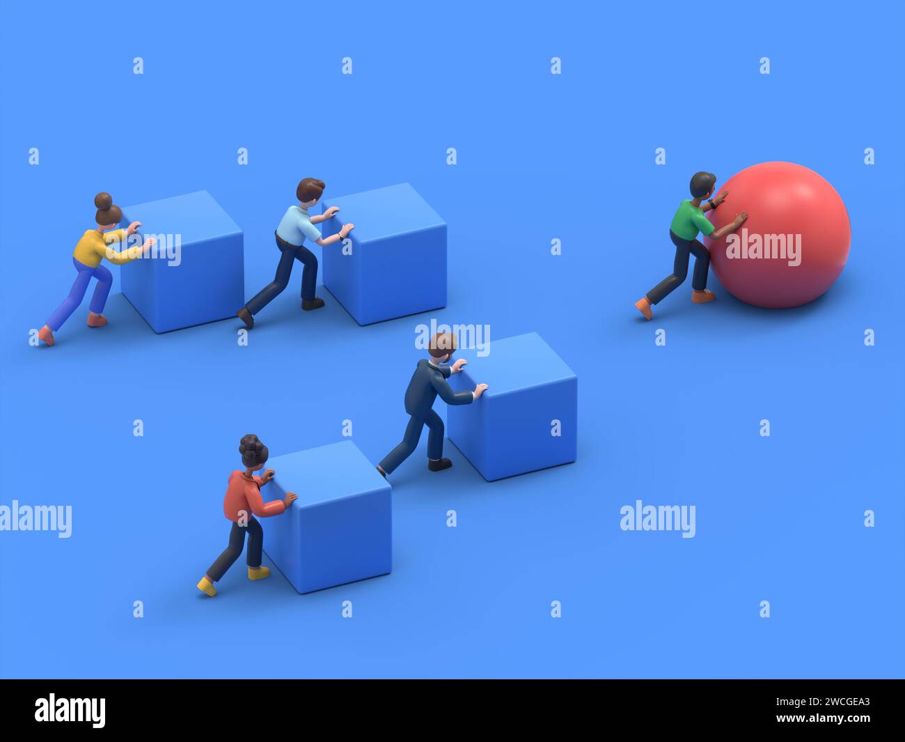 Isometric Business people pushing cubes. Winner easily moving the cube ...