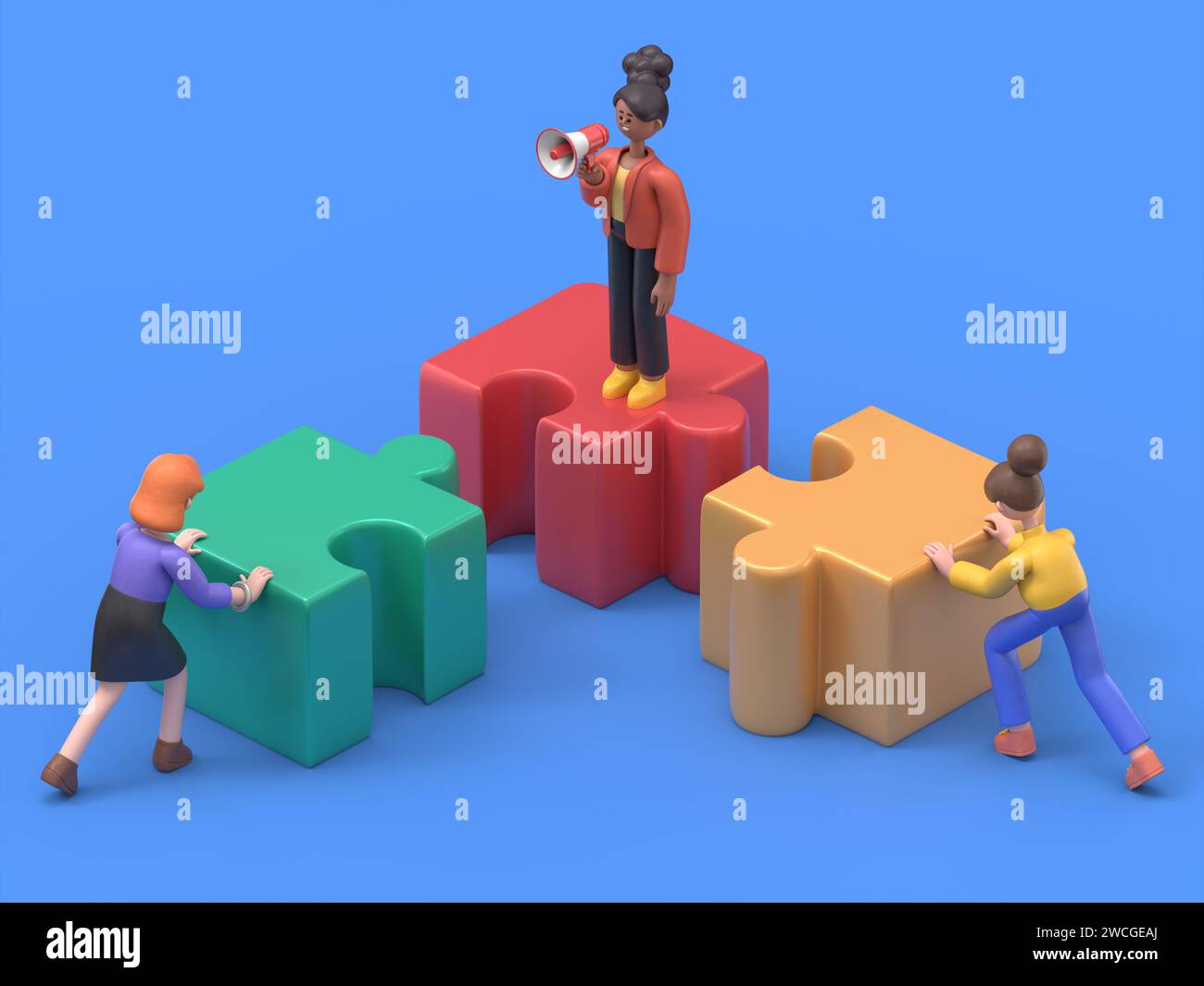 Isometric people connecting puzzle elements. Business teamwork ...