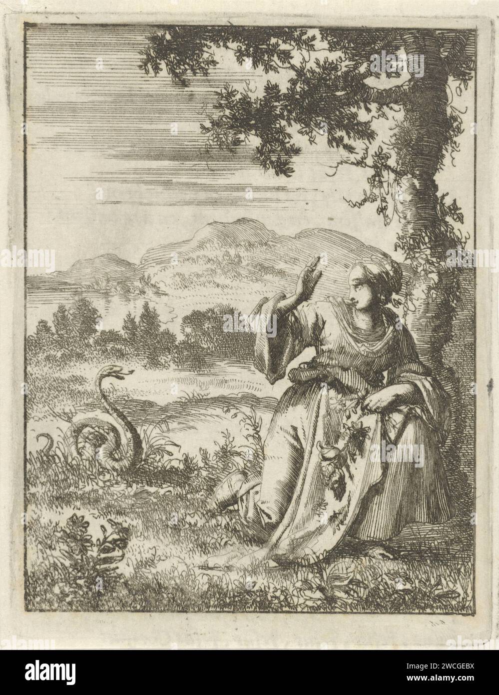 Bloemplukende Woman attacked by a snake, Jan Luyken, 1687 print ...
