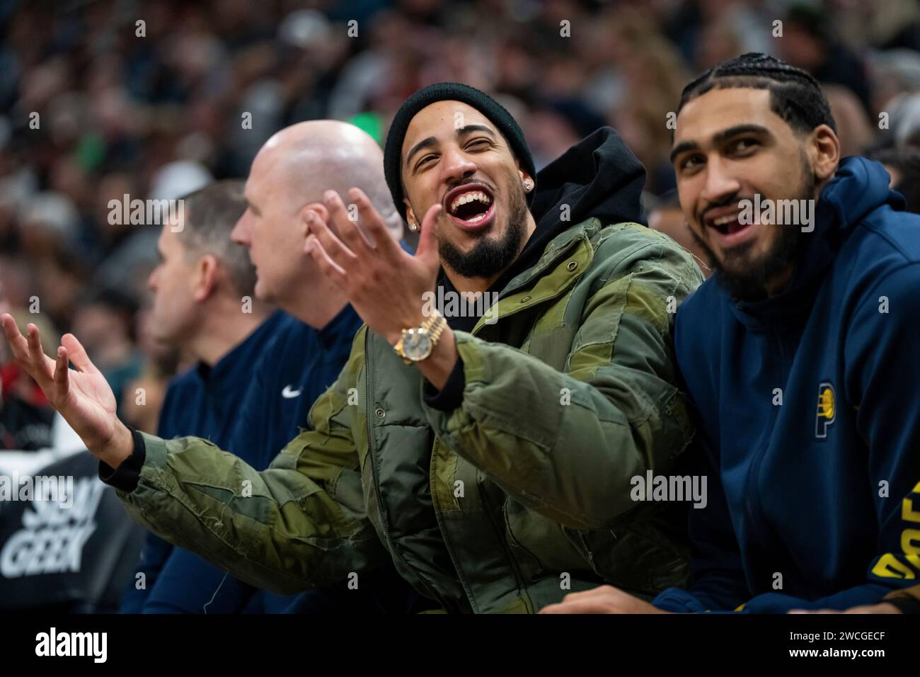 Indiana Pacers guard Tyrese Haliburton, center, sits on the bench ...