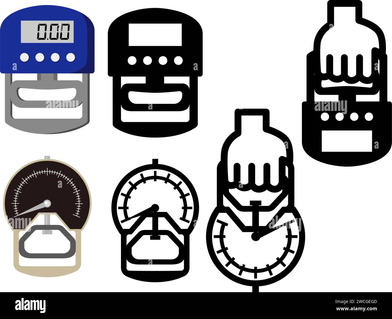Digital and analog grip dynamometer illustrations and icons. Measuring ...