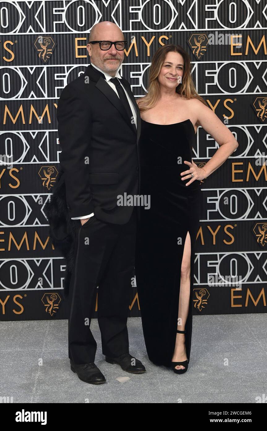 Dave Finkel, left, and Marni Finkle arrive at the 75th Primetime Emmy ...