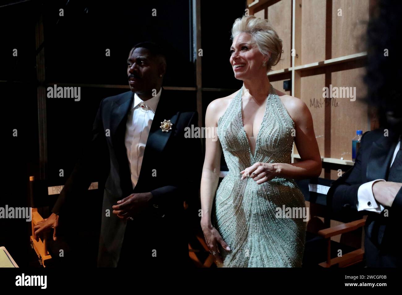 Colman Domingo, left, and Hannah Waddingham wait backstage at the 75th ...
