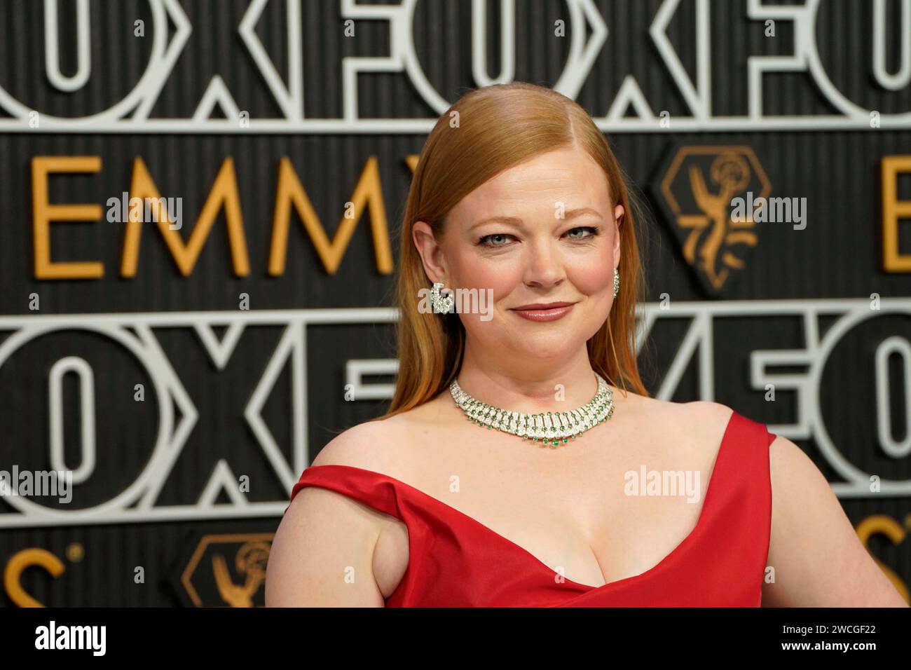 Sarah Snook poses for a Red Carpet portrait at the 75th Emmy Awards on ...