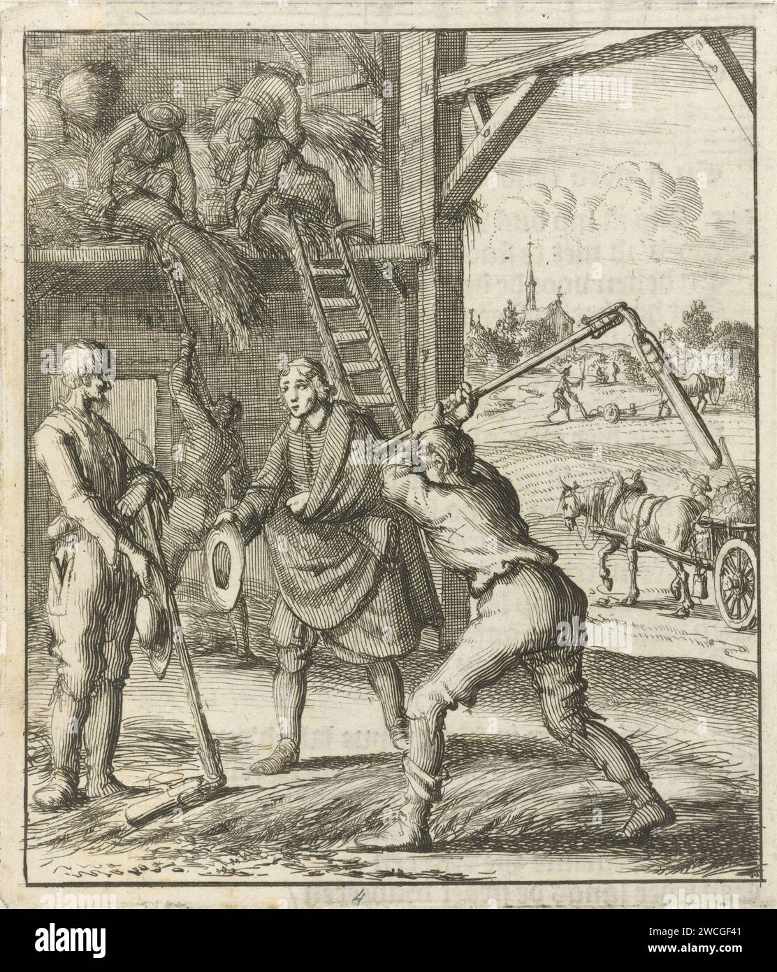 Writer Willem Sluiter visits two threshing farmers, Jan Luyken, 1687 in ...
