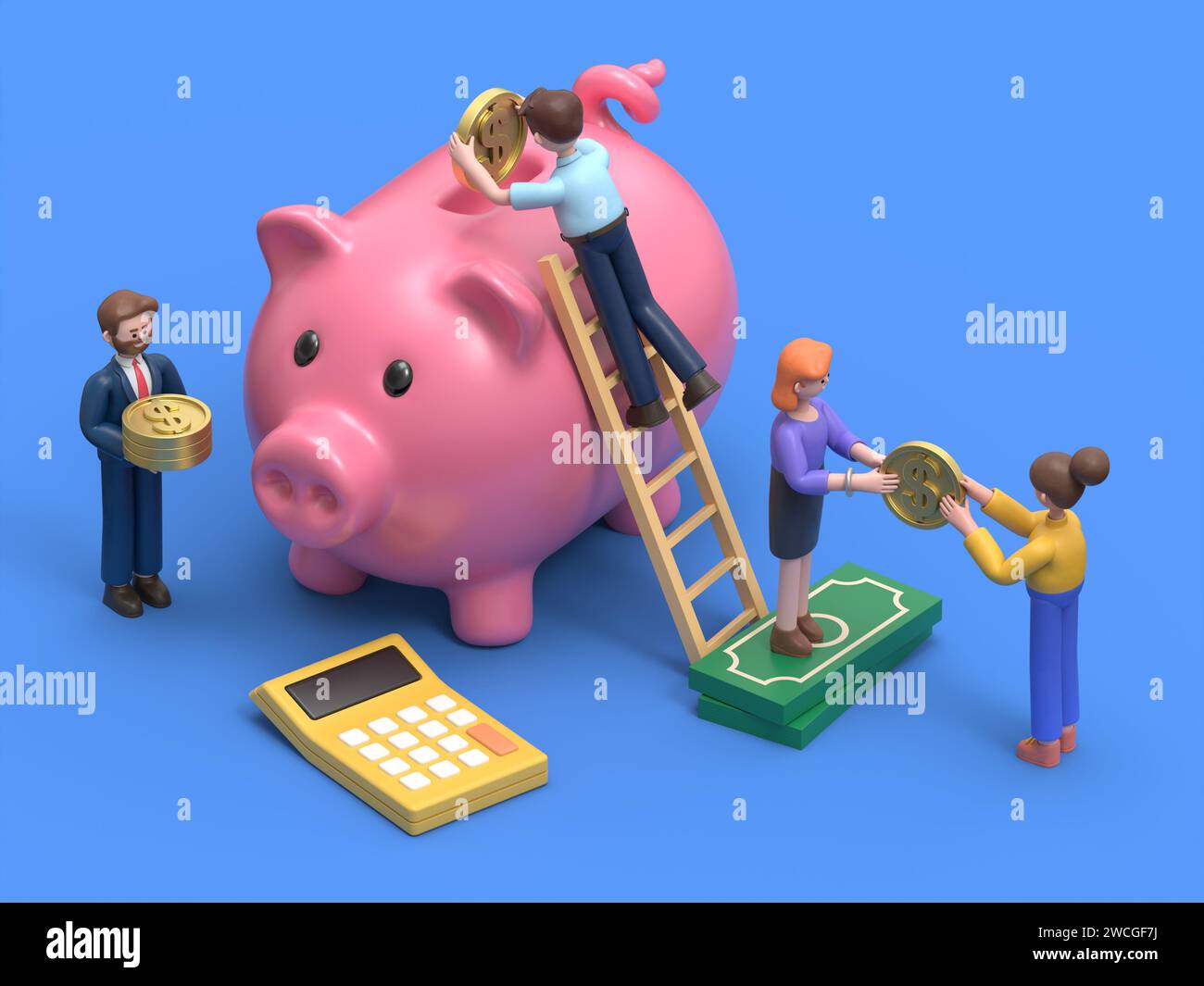People Characters Collecting Gold Coins in Piggy Bank. Women and Man ...