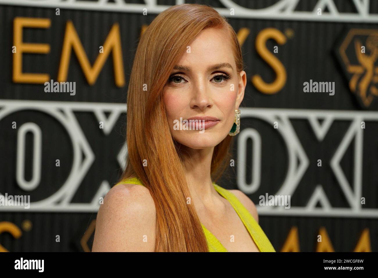 Jessica Chastain poses for a Red Carpet portrait at the 75th Emmy ...