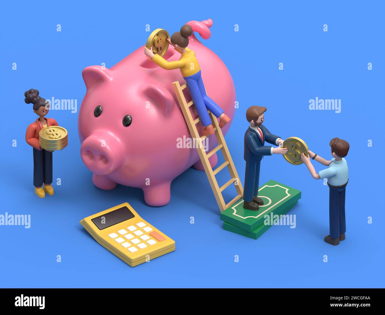 People Characters Collecting Gold Coins in Piggy Bank. Women and Man ...