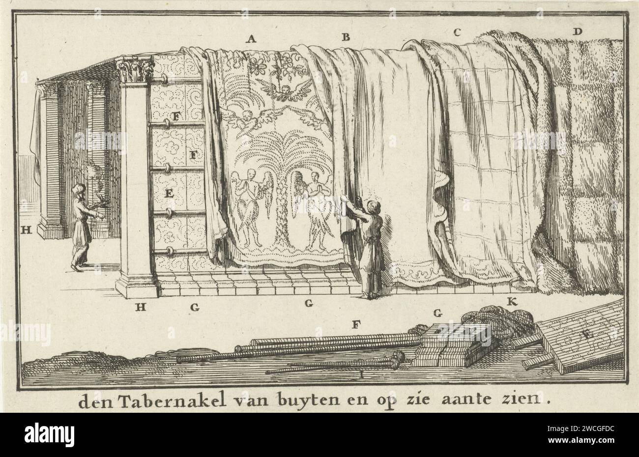 Construction of the Tabernakel, Jan Luyken, 1683 print Amsterdam paper etching the making of the ...