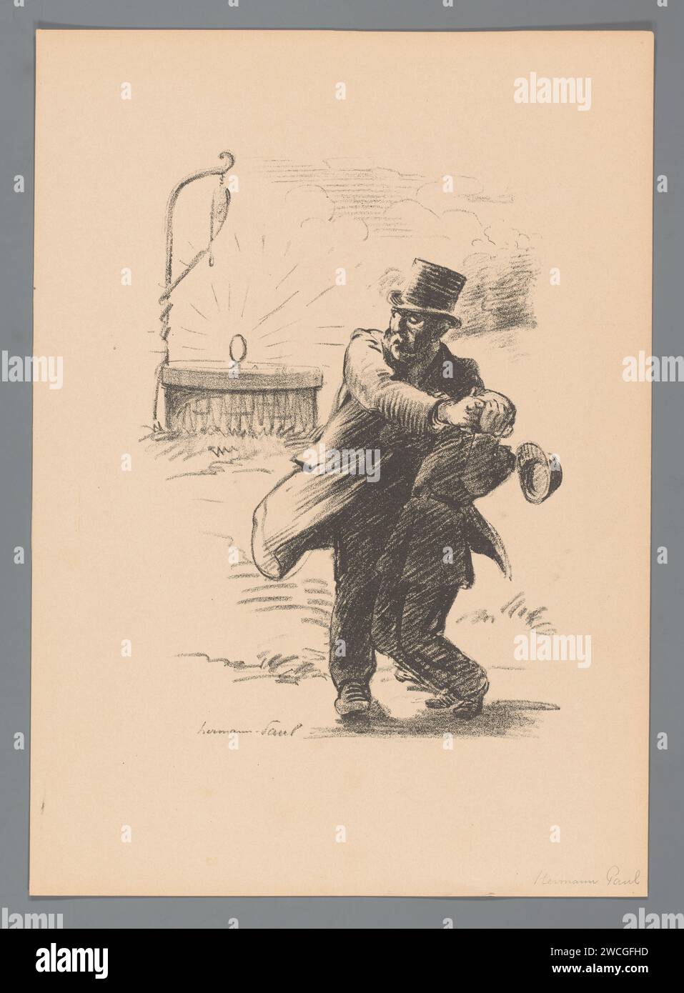 High hat man covers the eyes of another man, Georges Hermann Rene Paul ...