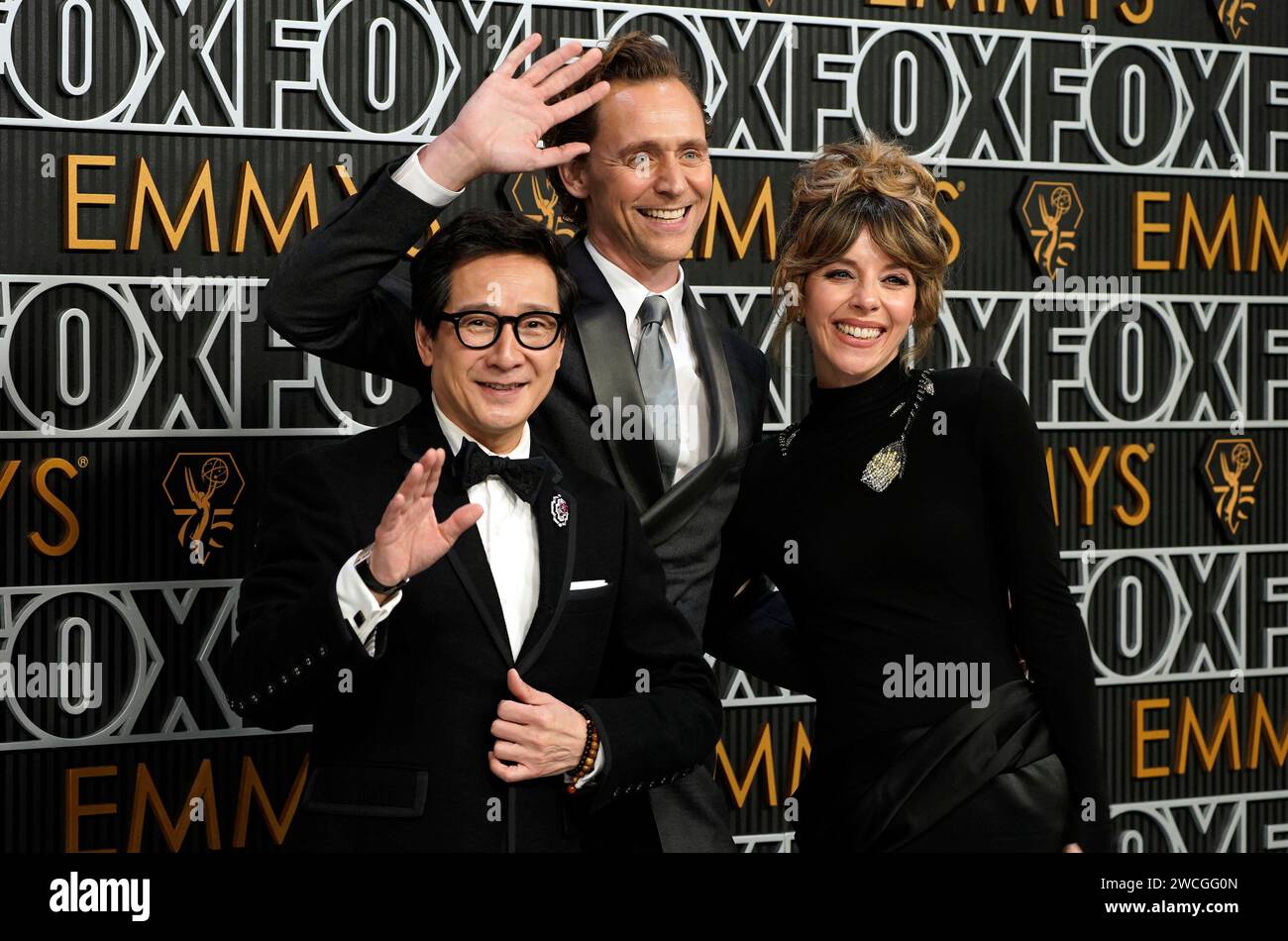 Ke Huy Quan, Tom Hiddleston and Sophia Di Martino pose for a Red Carpet portrait at the 75th ...