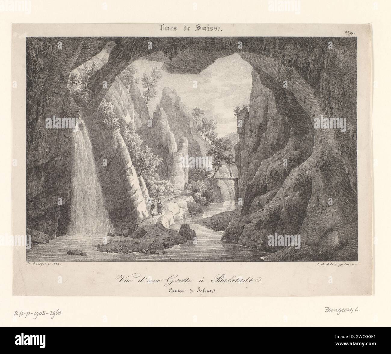 View of a cave with waterfall at Balsthal, Constant Bourgeois, 1820 ...