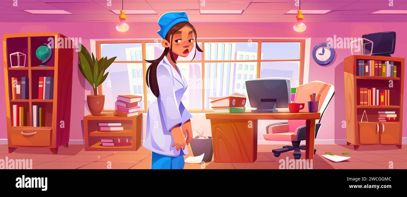 Tired doctor or nurse standing in office with lots of papers and ...