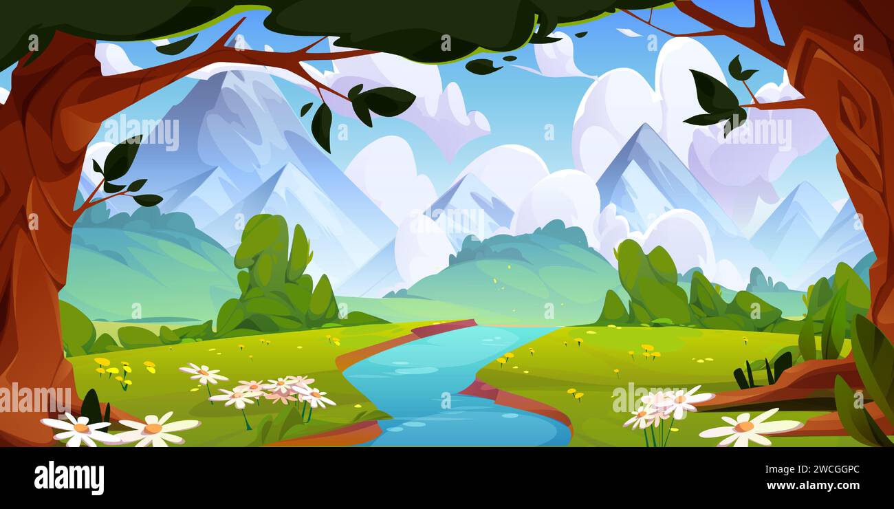 River stream flowing from mountains to meadow with green grass and ...