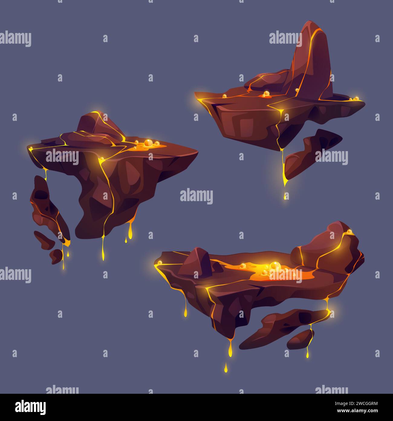Floating islands of rocky land with hot orange lava liquid with ...