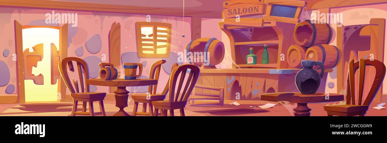 Western tavern destroyed after cowboys fight. Cartoon abandoned messy ...