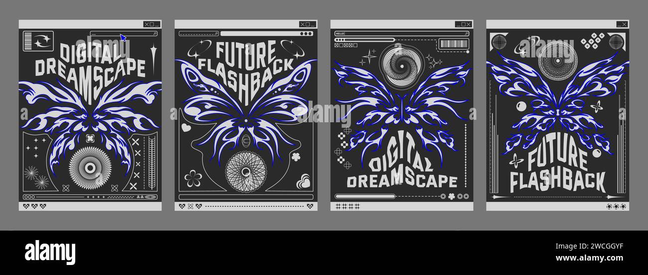 Y2k retro poster design template with grey tribal abstract graphic ...